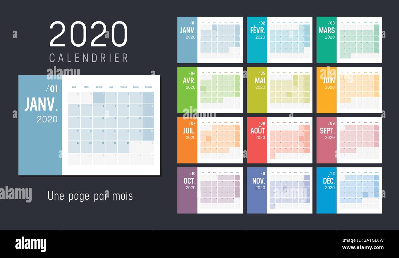 Year 2020 colorful monthly calendar, in French language, on black ...