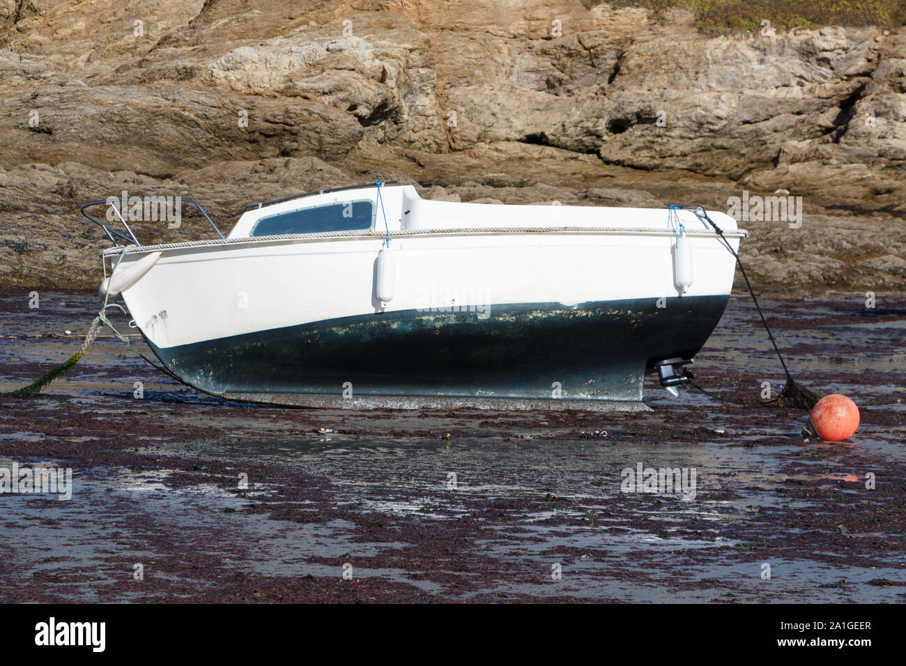 Boat grounded at mooring during low tide in Brittany Stock Photo - Alamy