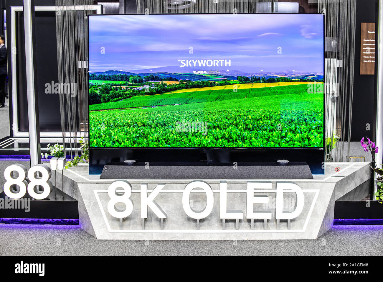 Berlin, Germany, Sep 2019, Skyworth OLED 8K HDR 88inch Smart TV on display, Skyworth exhibition ...