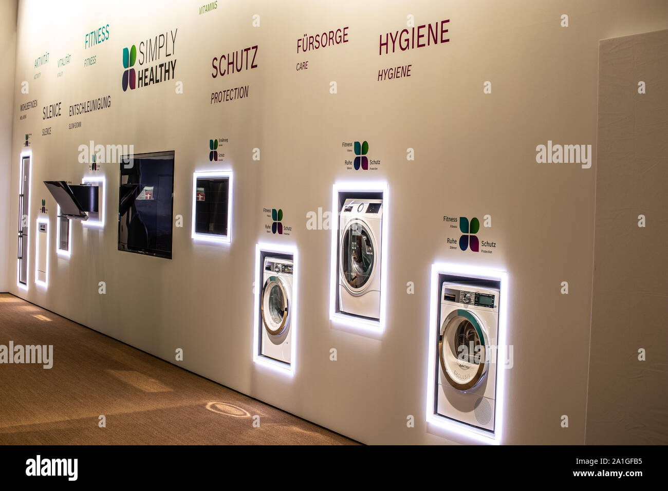 Berlin, Germany, Sep 2019 Bosch washing machines tumble dryers on ...
