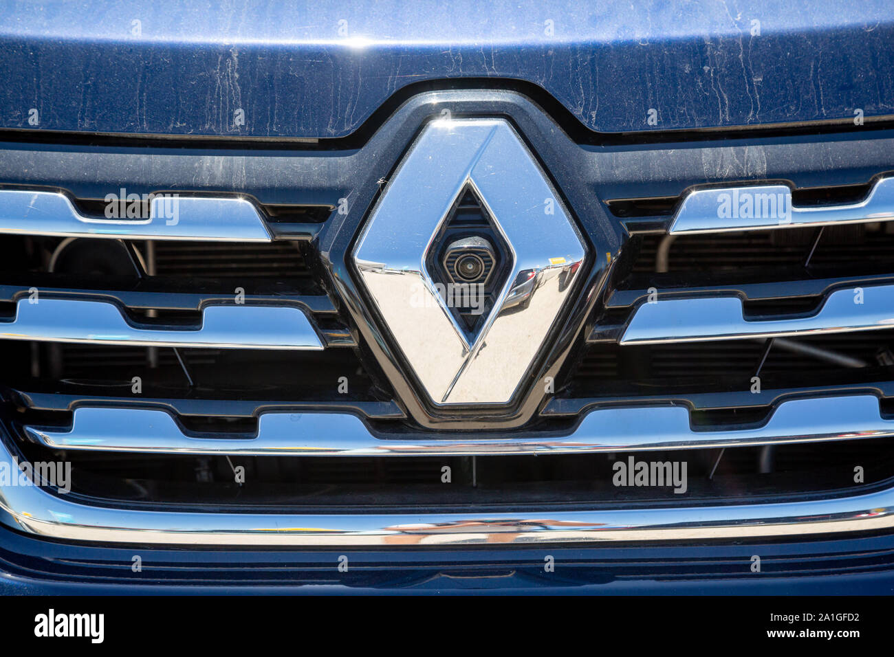 Bordeaux, France - June 2, 2019: Closeup of blue Renault Talisman logo ...