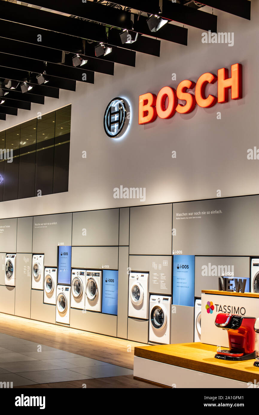 Berlin, Germany, Sep 2019 Bosch washing machines tumble dryers on ...