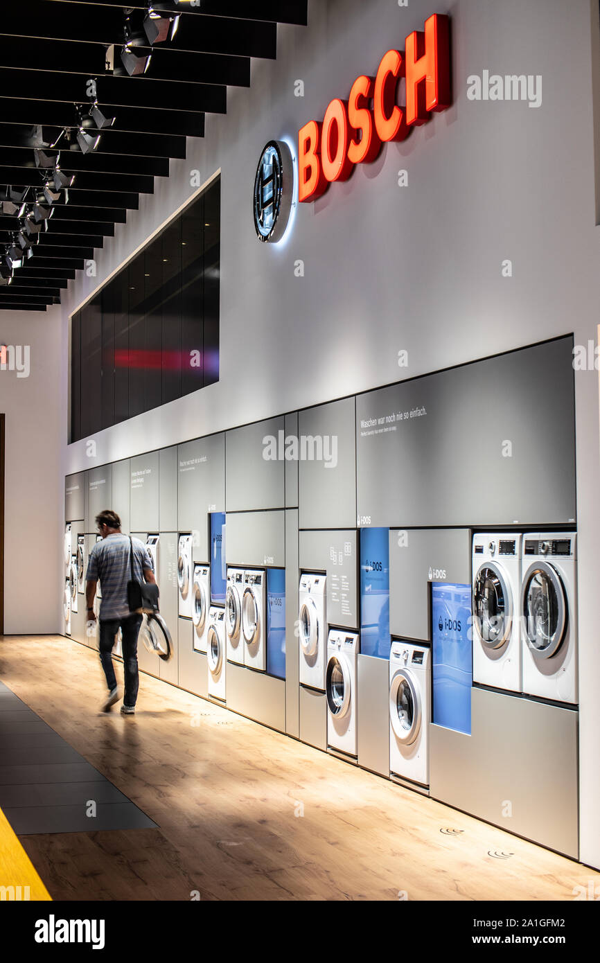 Berlin, Germany, Sep 2019 Bosch washing machines tumble dryers on ...
