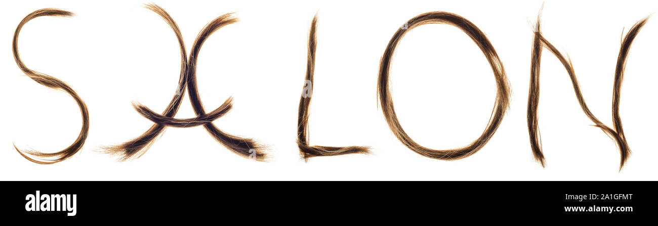 Word salon made of cut out woman hair, isolated on white background ...