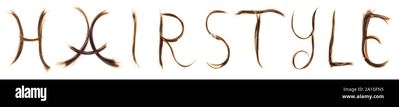 Word hairstyle made of cut out woman hair, isolated on white background ...