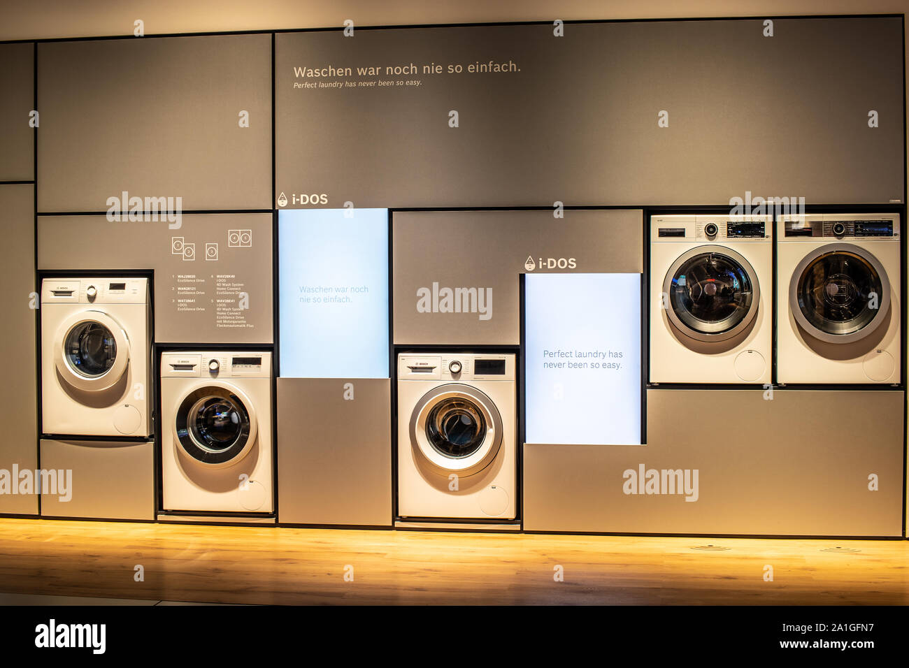 Berlin, Germany, Sep 2019 Bosch washing machines tumble dryers on ...