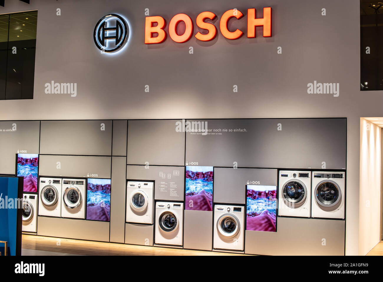 Berlin, Germany, Sep 2019 Bosch washing machines tumble dryers on ...