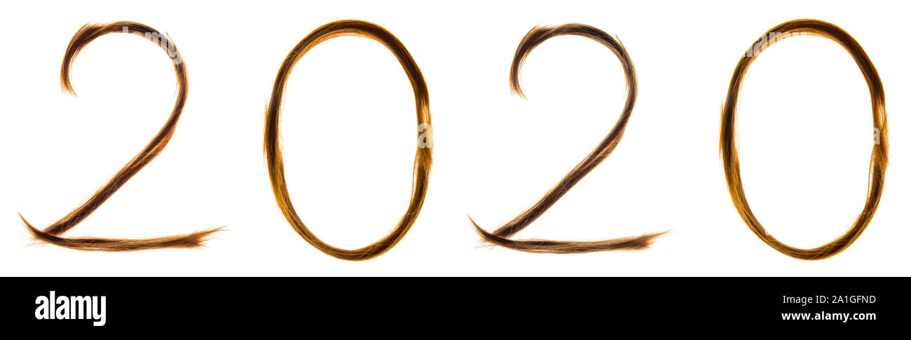 2020 number made of cut out woman hair, isolated on white background ...