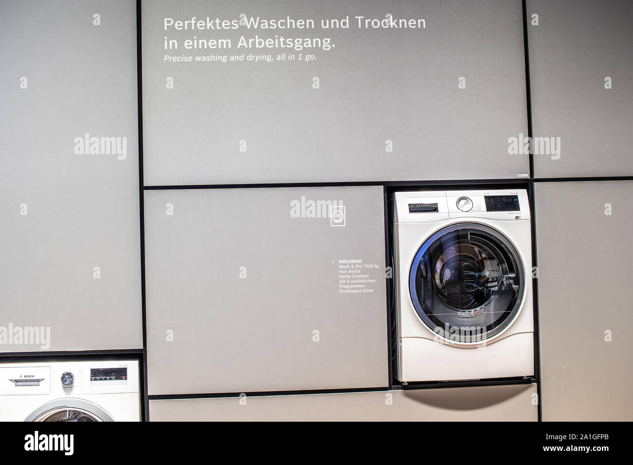 Berlin, Germany, Sep 2019 Bosch washing machines tumble dryers on ...