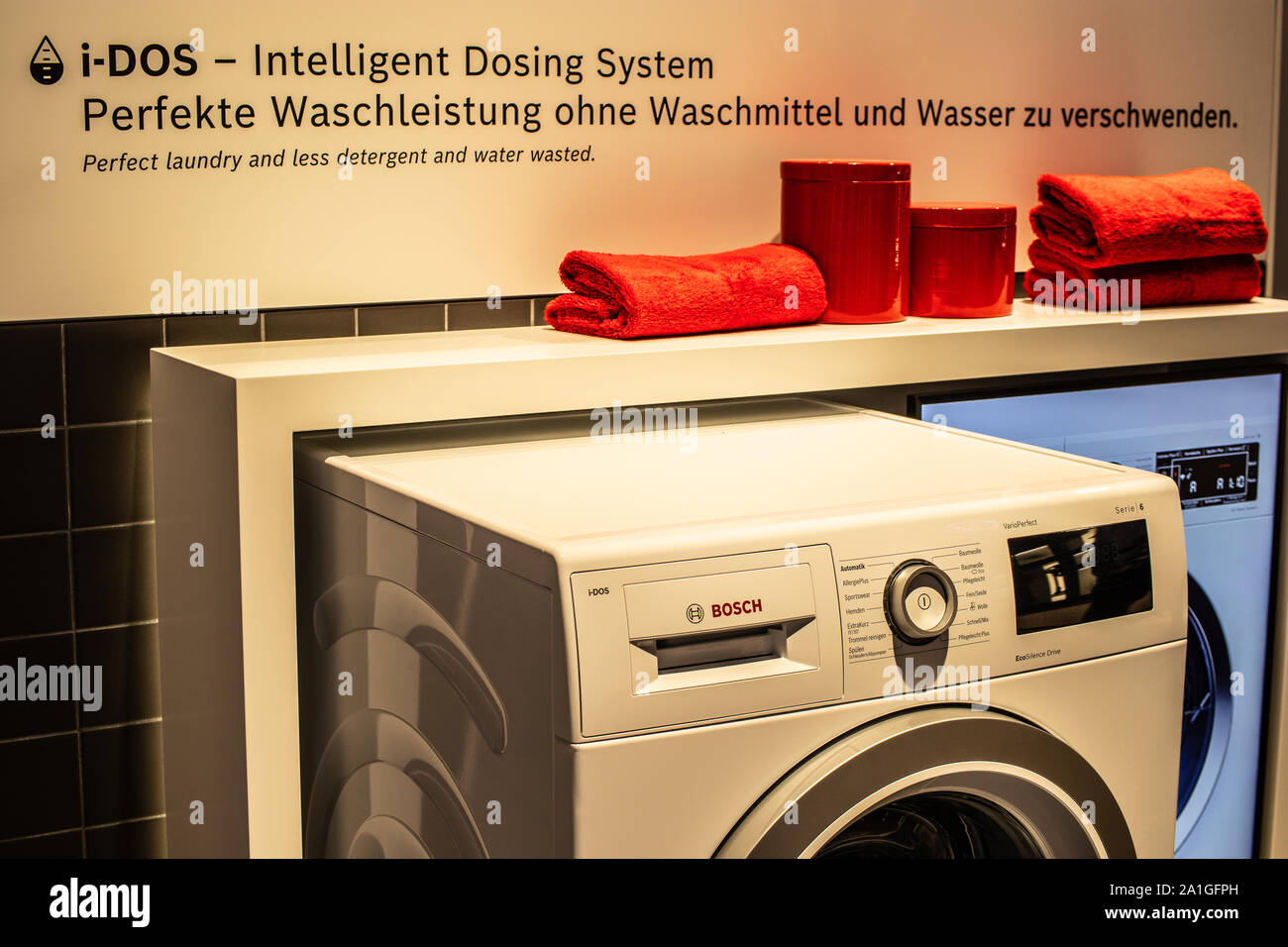 Berlin, Germany, Sep 2019 Bosch washing machines tumble dryers on ...