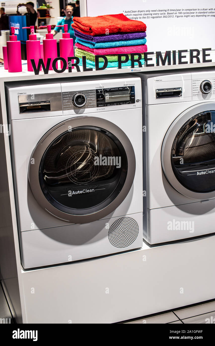 Berlin, Germany, Sep 2019 Bosch washing machines tumble dryers on ...