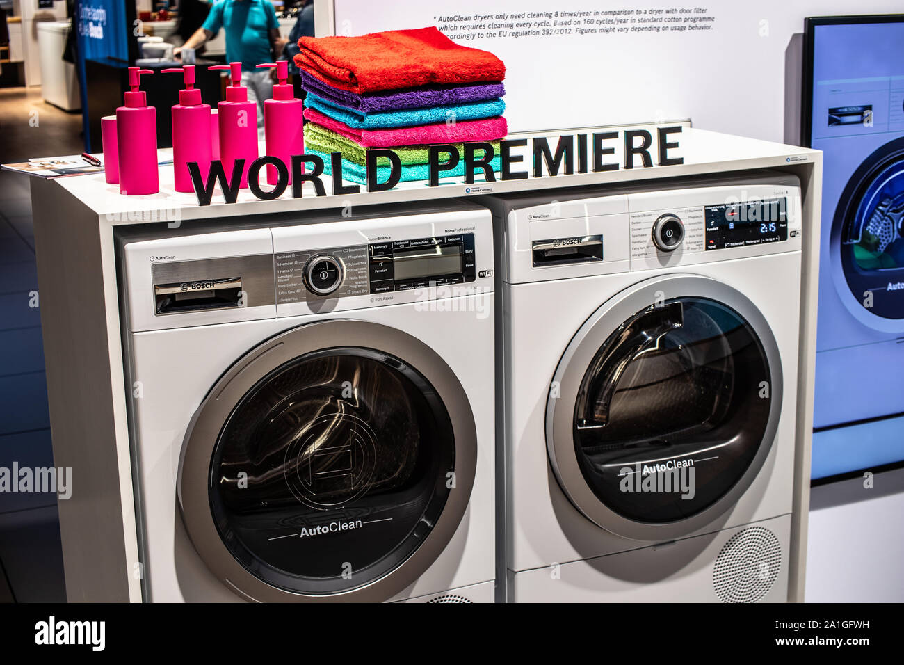 Berlin, Germany, Sep 2019 Bosch washing machines tumble dryers on ...