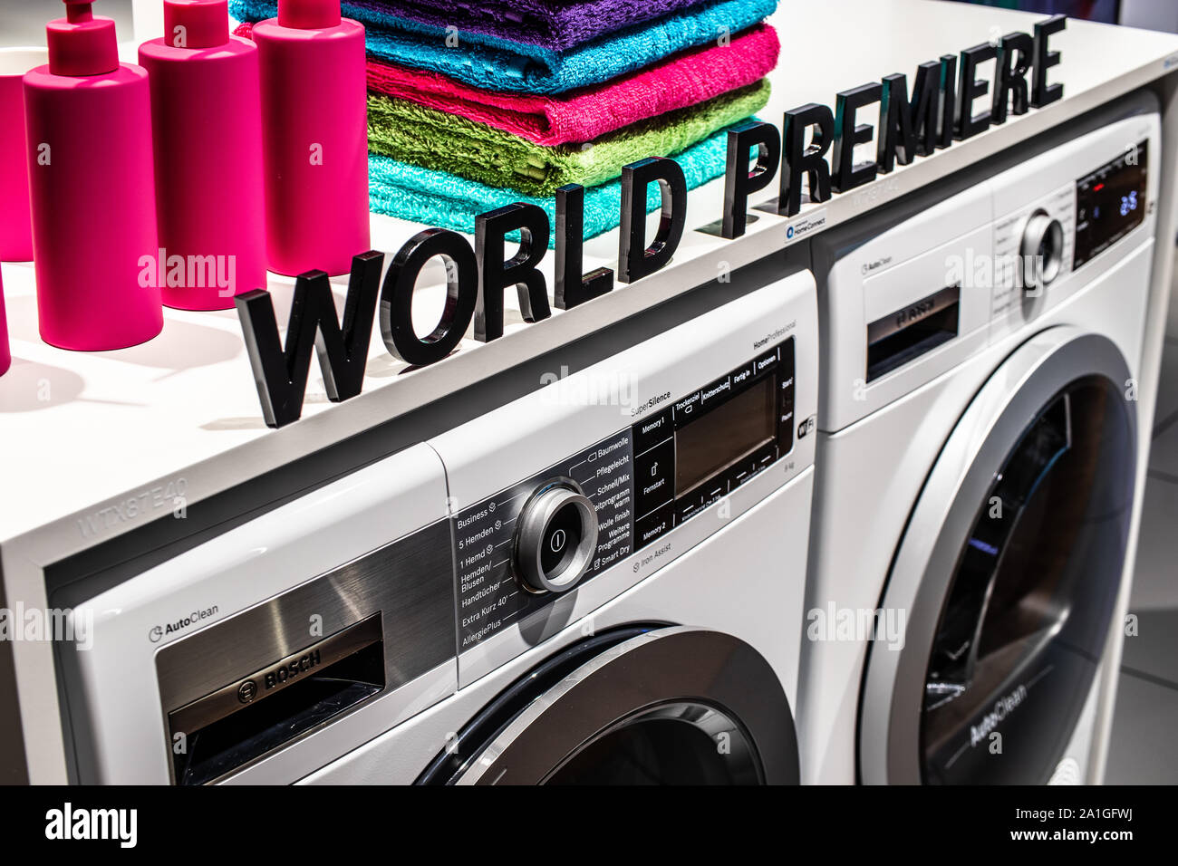 Berlin, Germany, Sep 2019 Bosch washing machines tumble dryers on ...
