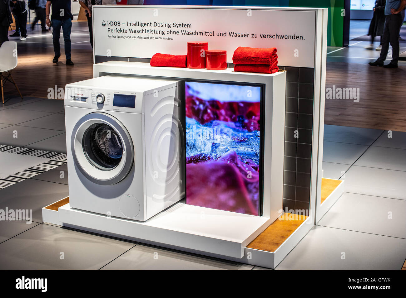 Berlin, Germany, Sep 2019 Bosch washing machines tumble dryers on ...