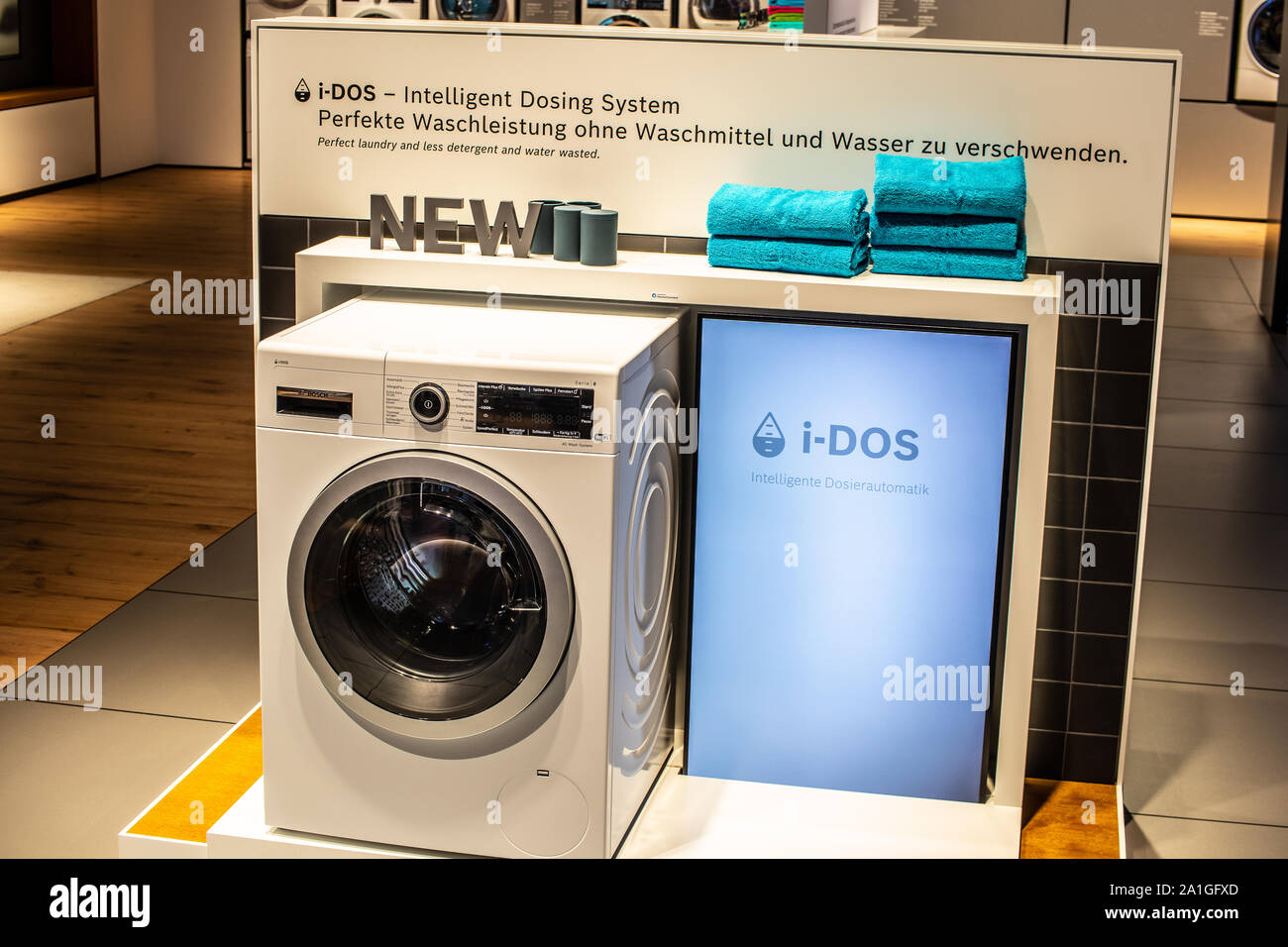 Berlin, Germany, Sep 2019 Bosch washing machines tumble dryers on ...
