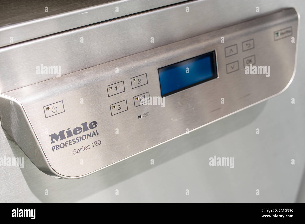 Berlin, Germany, Sep 2019, new Miele dishwasher on display, at Miele ...