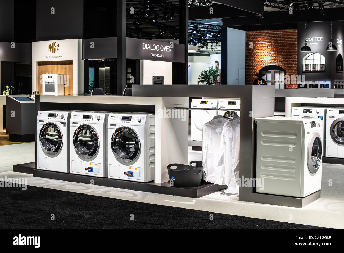 Berlin, Germany, Sep 2019, Miele Washing Machines tumble dryer on ...