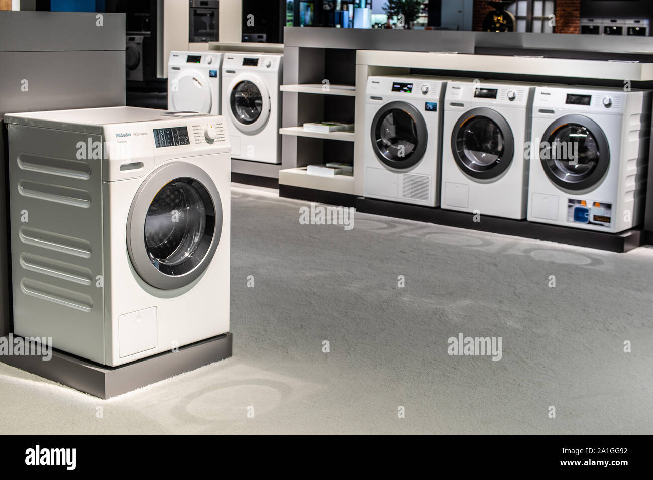 Berlin, Germany, Sep 2019, Miele Washing Machines tumble dryer on ...