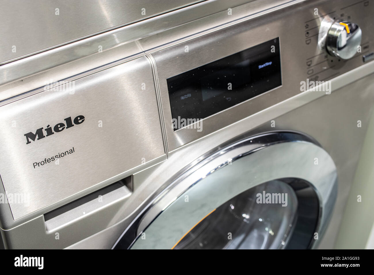 Berlin, Germany, Sep 2019, Miele Washing Machines tumble dryer on ...