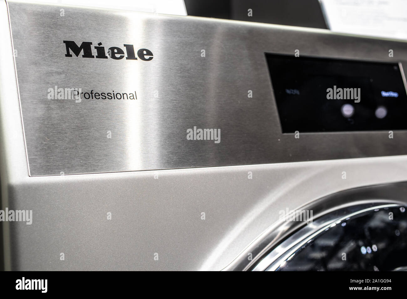 Berlin, Germany, Sep 2019, Miele Washing Machines tumble dryer on ...