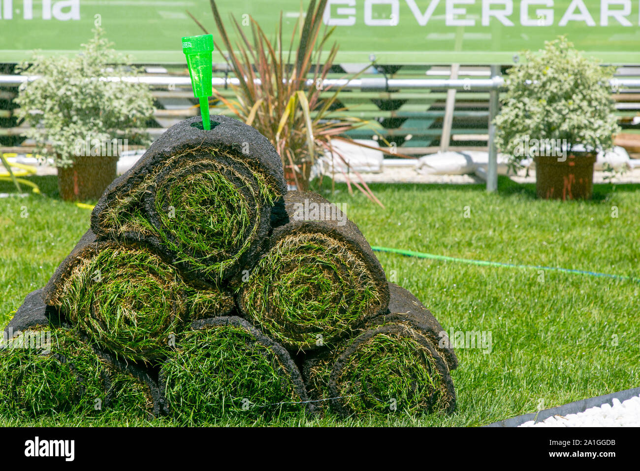Bordeaux, France - June 2, 2019:Covergarden rolls of turf stacked in ...