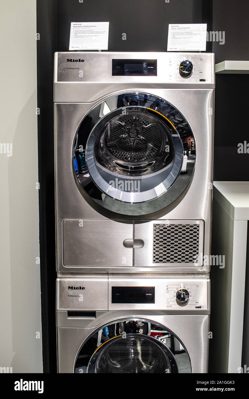 Berlin, Germany, Sep 2019, Miele Washing Machines tumble dryer on ...