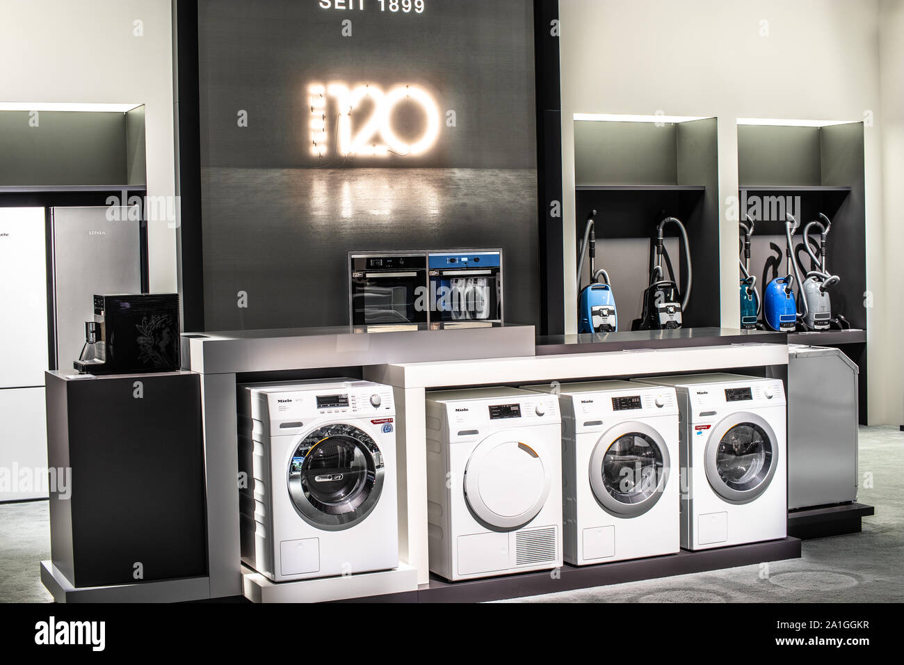 Berlin, Germany, Sep 2019, Miele Washing Machines tumble dryer on ...