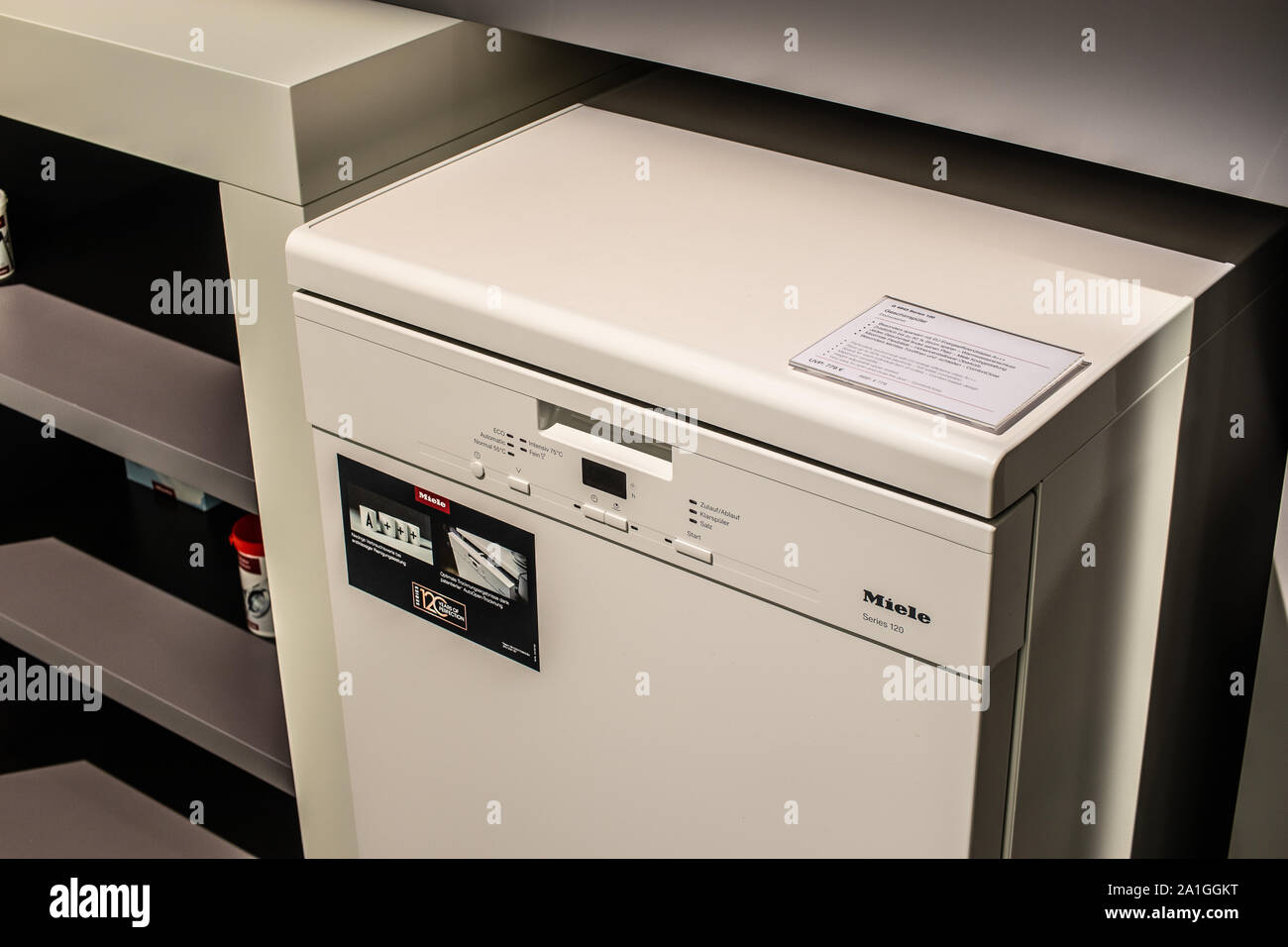 Berlin, Germany, Sep 2019, new Miele dishwasher on display, at Miele ...