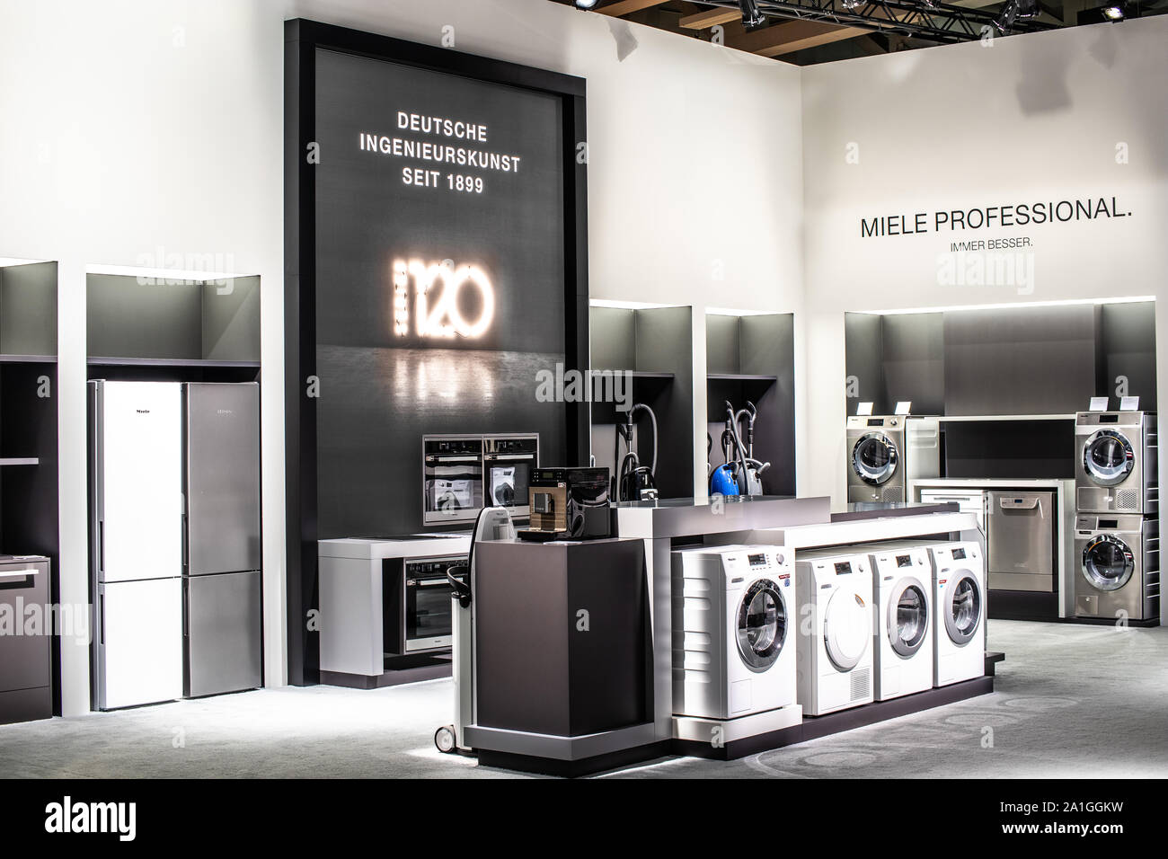 Berlin, Germany, Sep 2019, Miele Washing Machines tumble dryer on ...