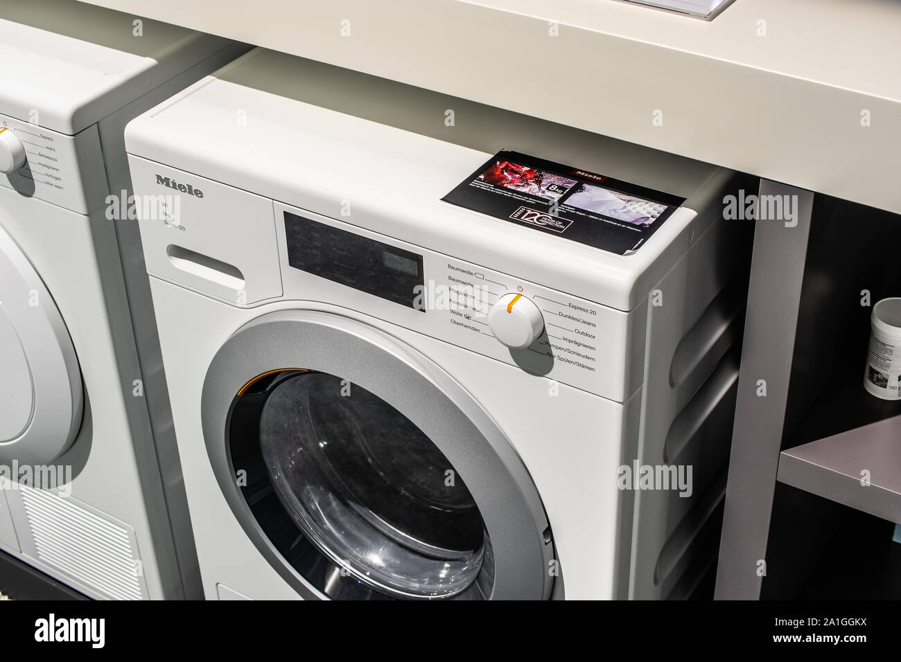 Berlin, Germany, Sep 2019, Miele Washing Machines tumble dryer on ...