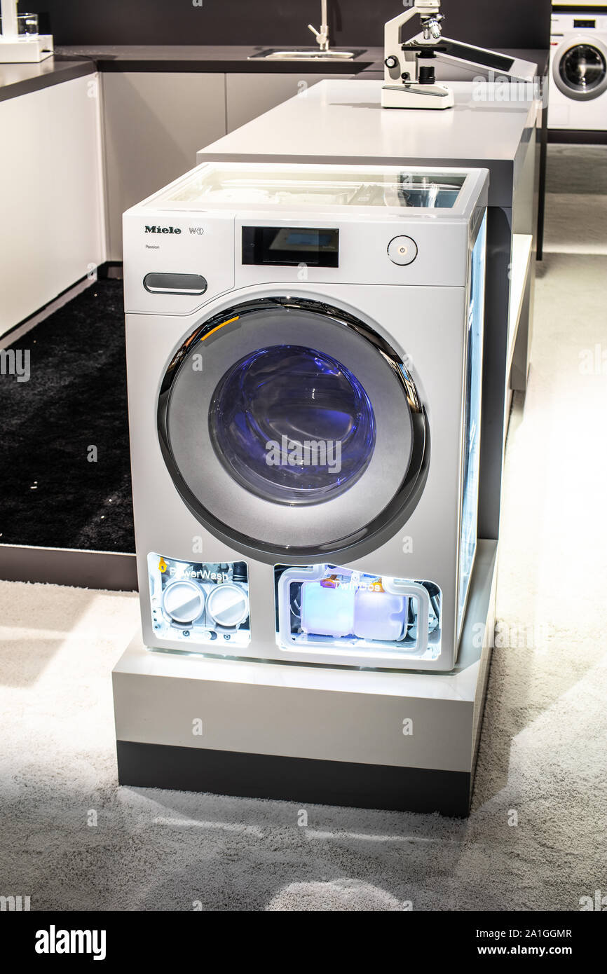 Berlin, Germany, Sep 2019, Miele Washing Machines tumble dryer on ...