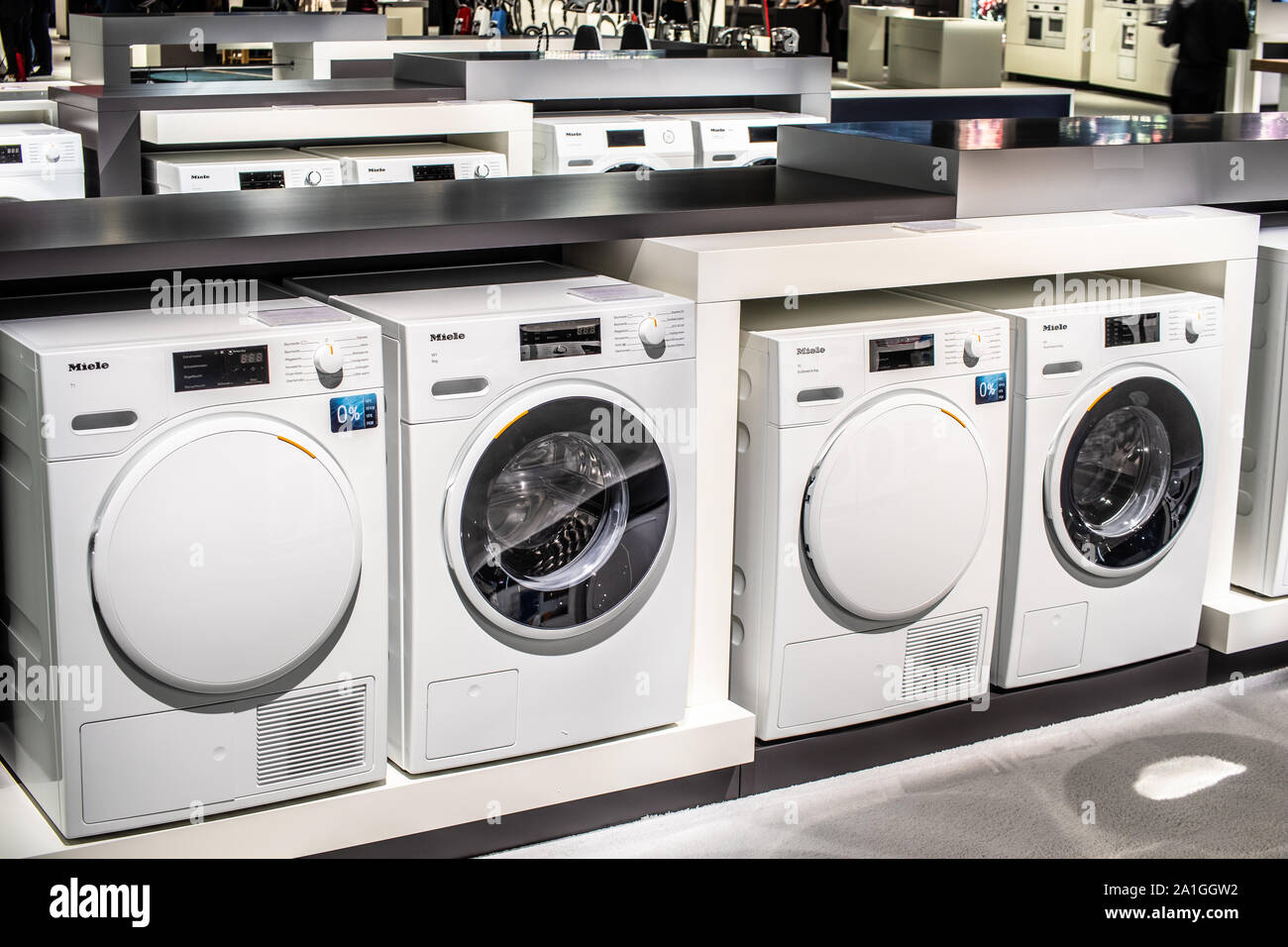 Berlin, Germany, Sep 2019, Miele Washing Machines tumble dryer on ...