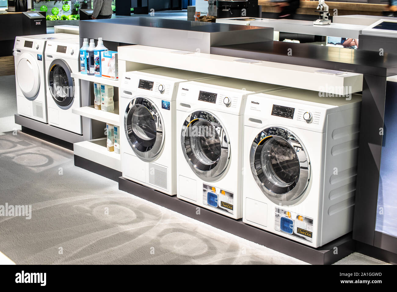 Berlin, Germany, Sep 2019, Miele Washing Machines tumble dryer on ...