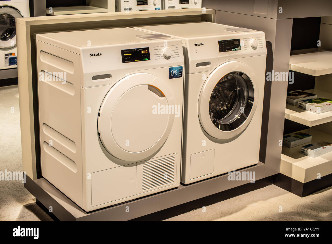 Berlin, Germany, Sep 2019, Miele Washing Machines tumble dryer on ...