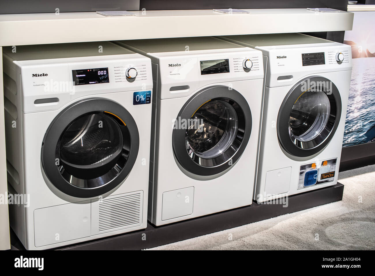 Berlin, Germany, Sep 2019, Miele Washing Machines tumble dryer on ...