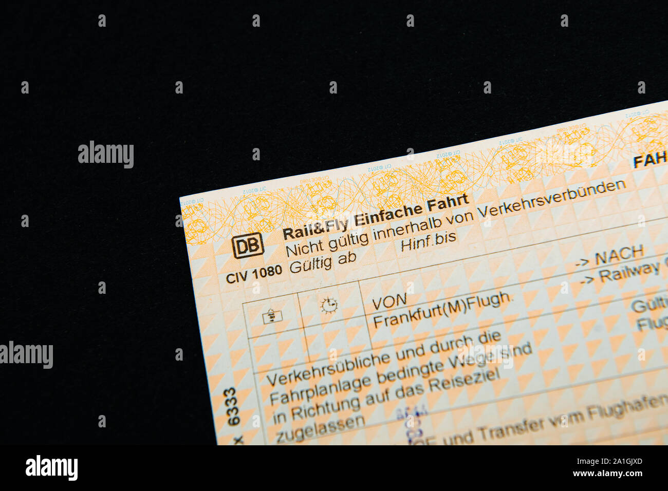 Germany - Jan 2, 2018: Close-up detail of Rail And Fly Single ticket ...