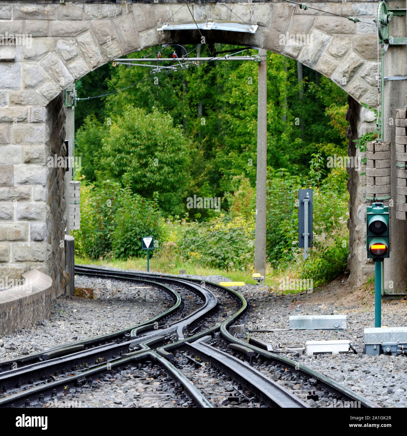 cog railway track with a switch through a stone bridge Stock Photo - Alamy