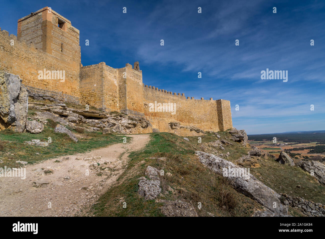 Aerial panorama of Gormaz castle in Soria Spain above the Duero river ...