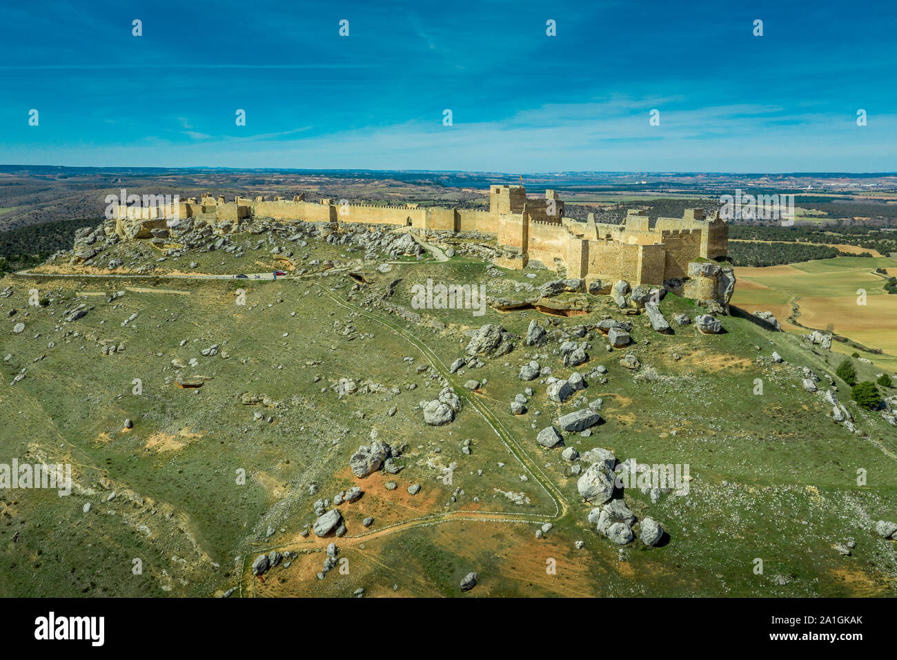 Aerial panorama of Gormaz castle in Soria Spain above the Duero river ...