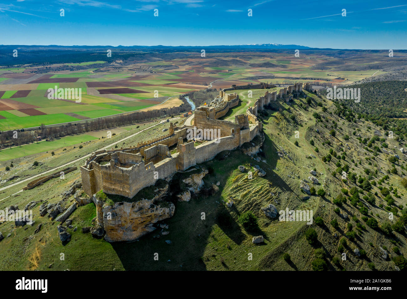 Aerial panorama of Gormaz castle in Soria Spain above the Duero river ...