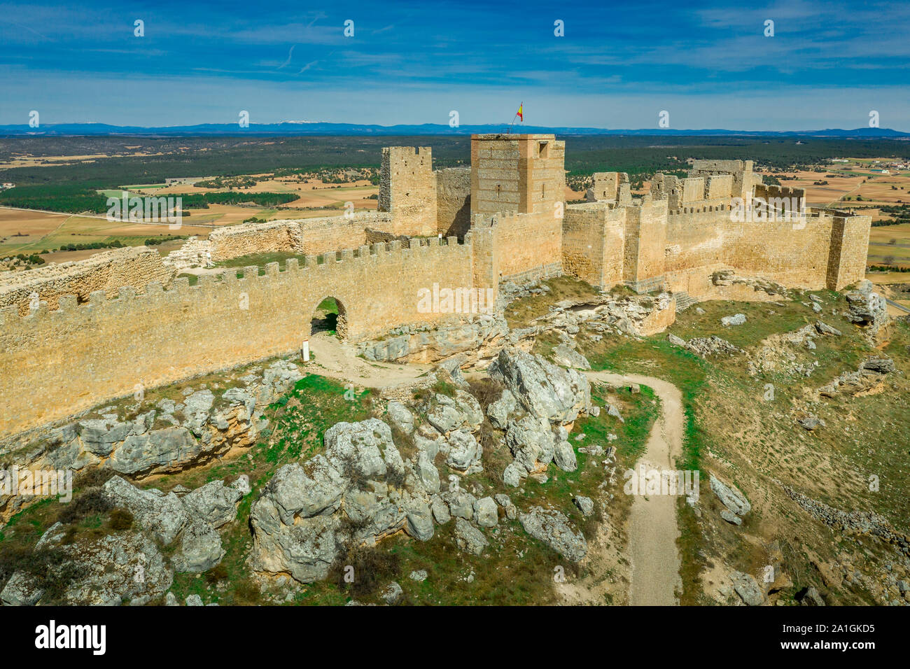 Aerial panorama of Gormaz castle in Soria Spain above the Duero river ...