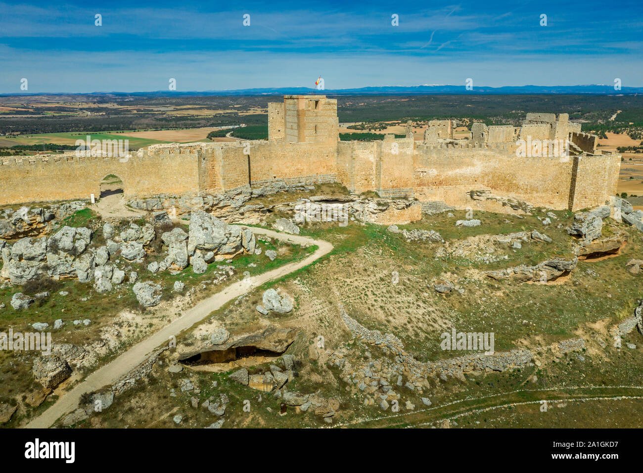 Aerial panorama of Gormaz castle in Soria Spain above the Duero river ...