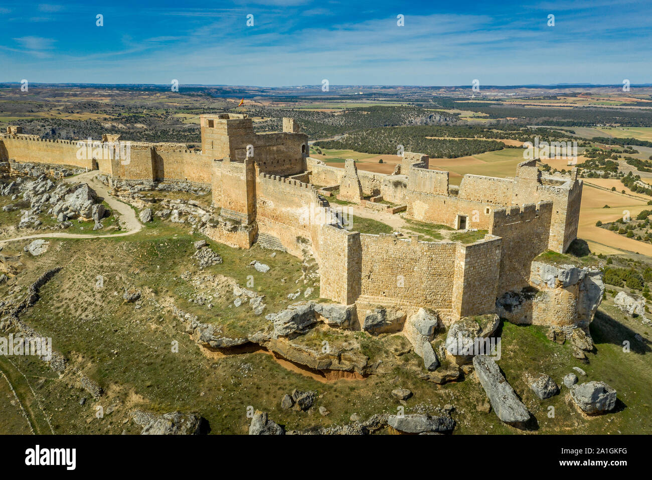 Aerial panorama of Gormaz castle in Soria Spain above the Duero river ...
