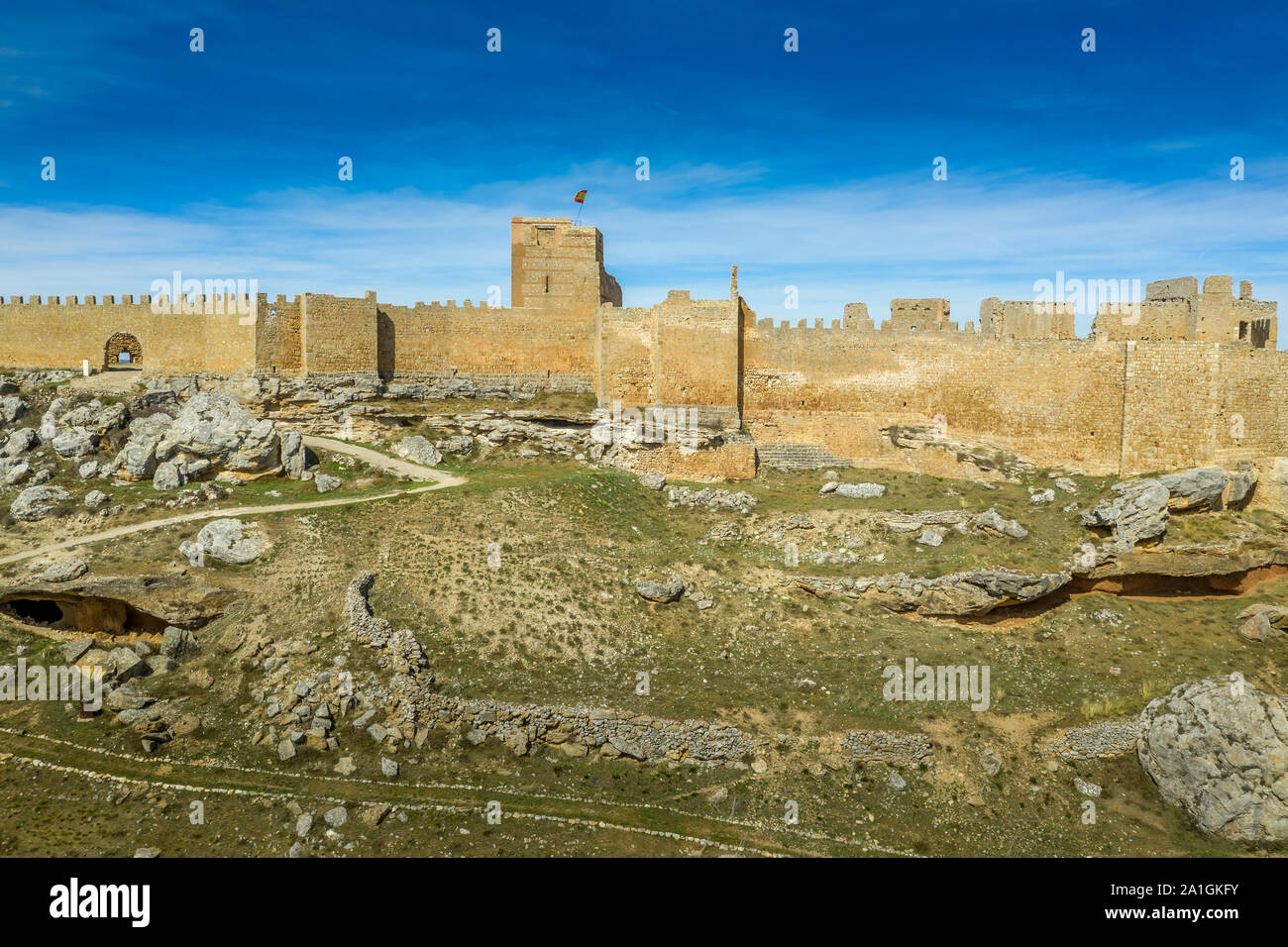 Aerial panorama of Gormaz castle in Soria Spain above the Duero river ...