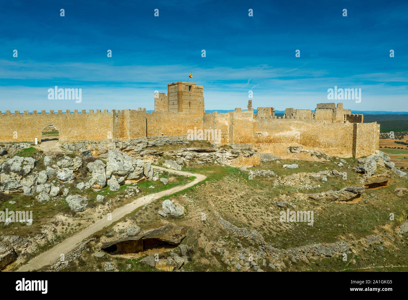 Aerial panorama of Gormaz castle in Soria Spain above the Duero river ...