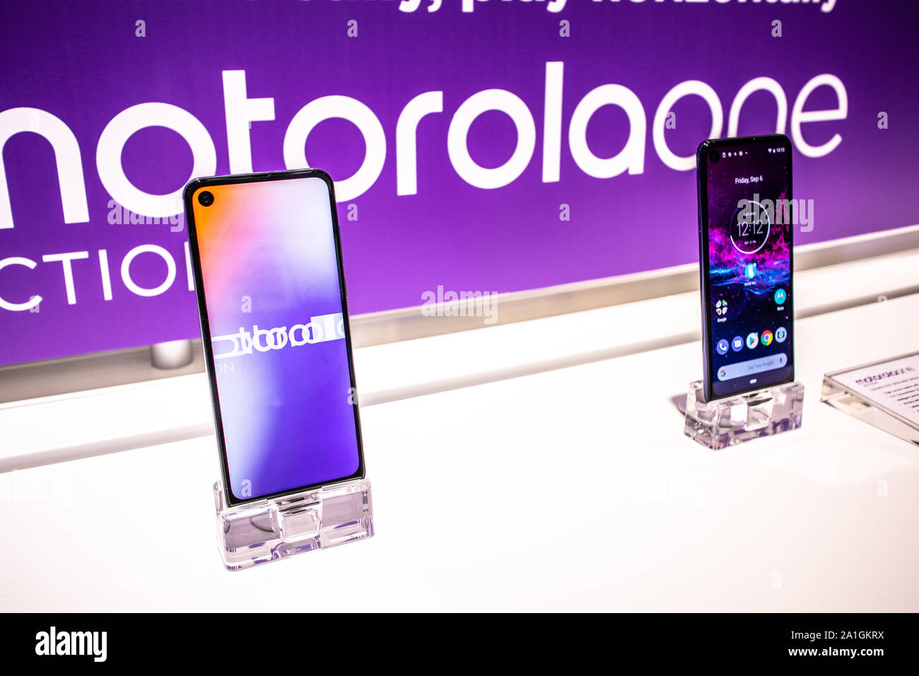 Berlin, Germany, Sep 2019 Motorola One Vision ZOOM Action smartphone on ...