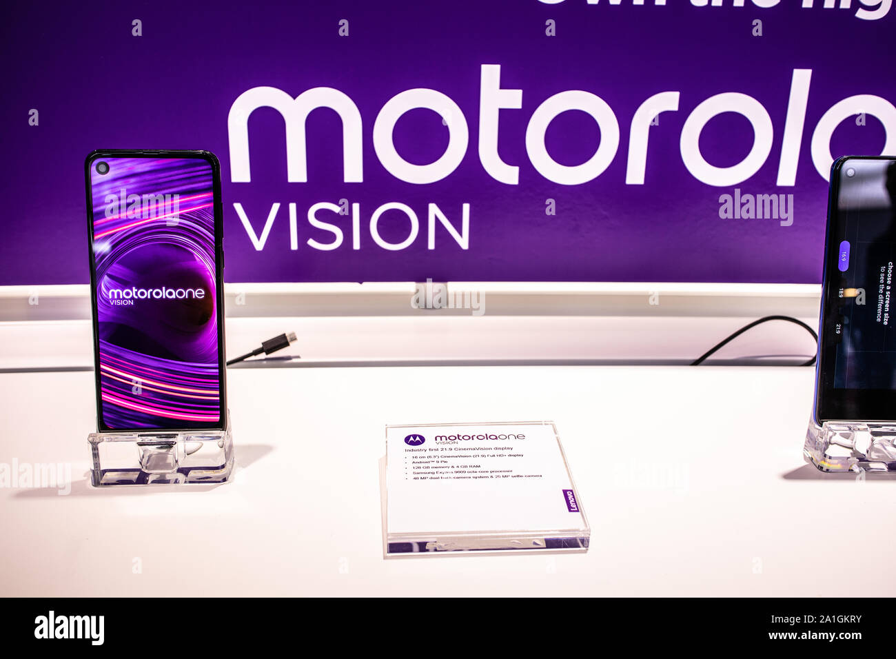 Berlin, Germany, Sep 2019 Motorola One Vision ZOOM Action smartphone on ...