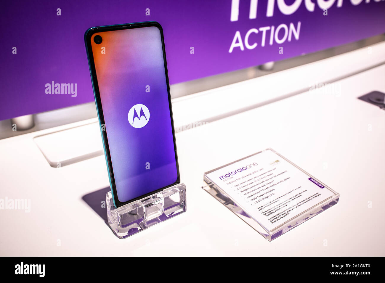 Berlin, Germany, Sep 2019 Motorola One Vision ZOOM Action smartphone on ...