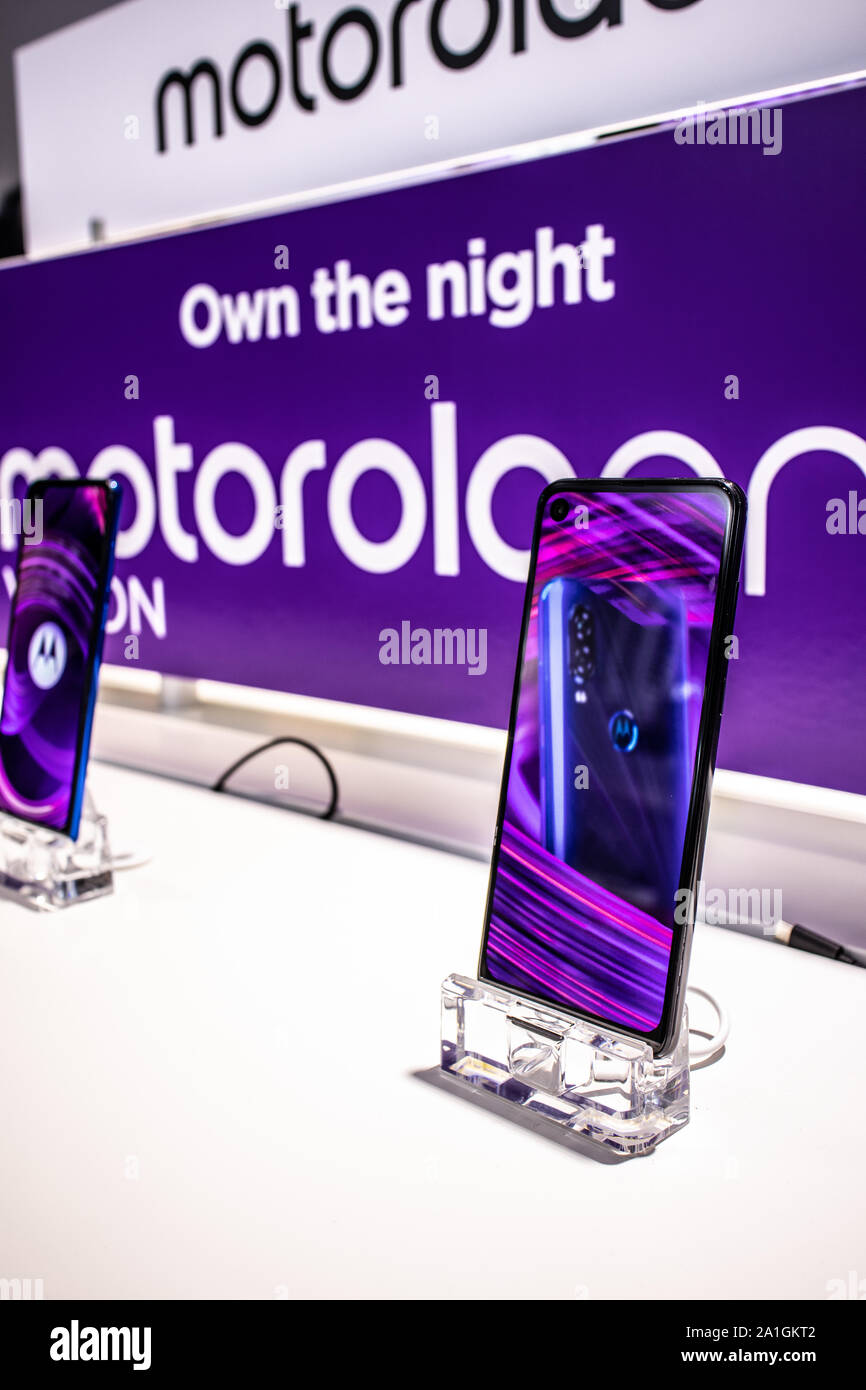 Berlin, Germany, Sep 2019 Motorola One Vision ZOOM Action smartphone on ...