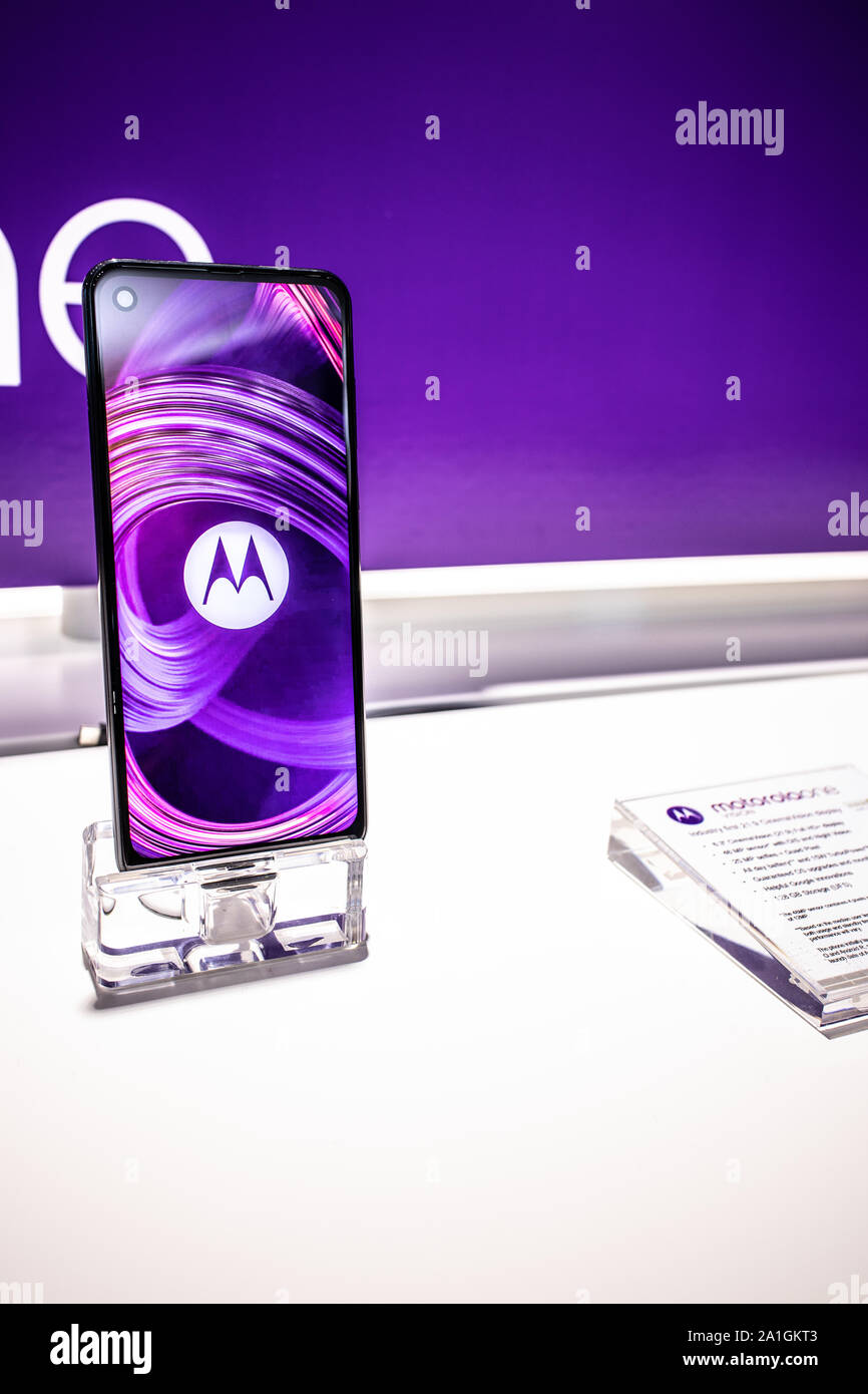 Berlin, Germany, Sep 2019 Motorola One Vision ZOOM Action smartphone on ...